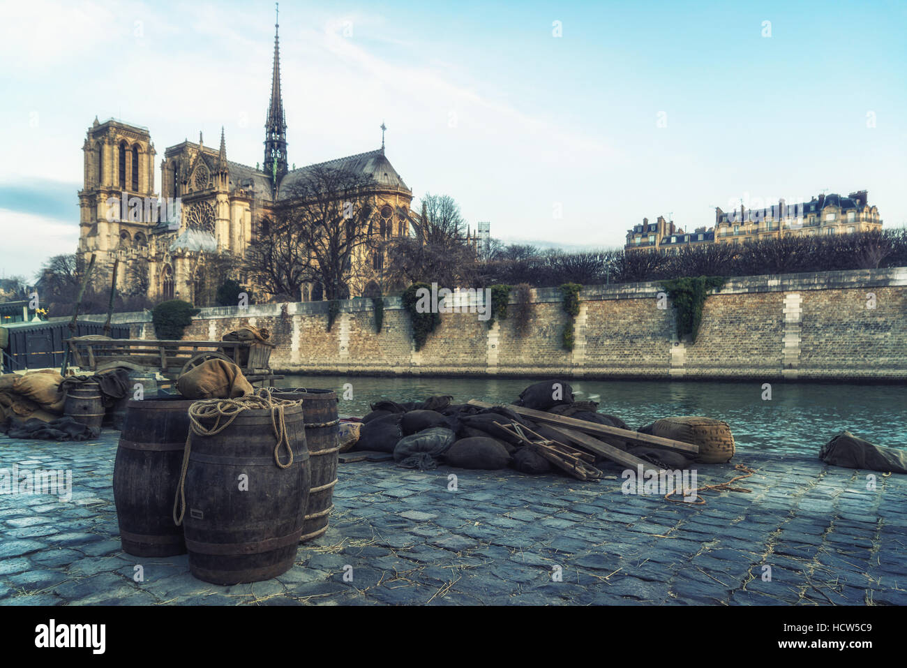 Docks of Notre Dame Cathedral in Paris with old barrels, France Stock ...