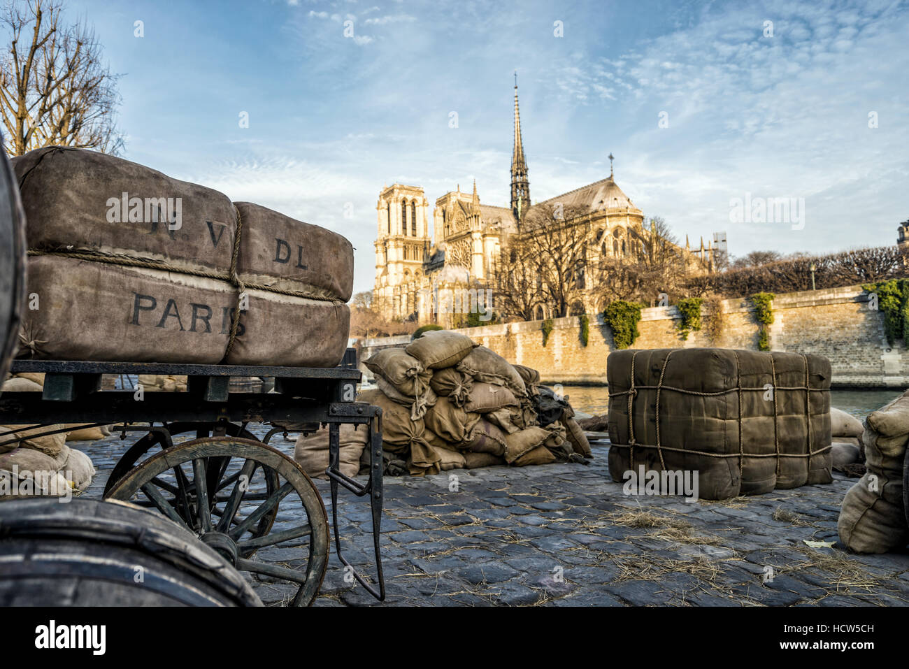 Docks of Notre Dame Cathedral in Paris with old barrels, France Stock ...