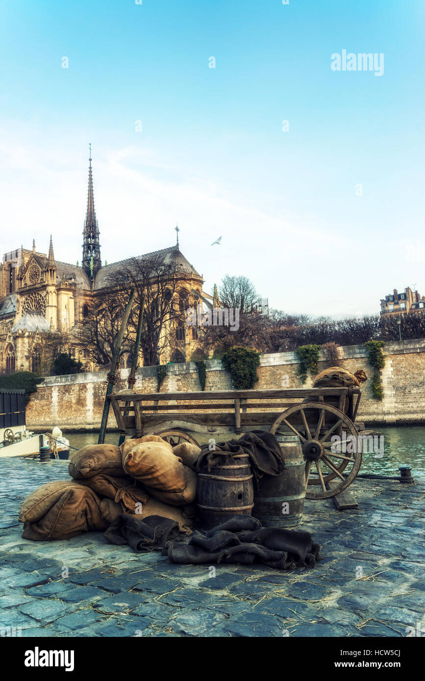 Docks of Notre Dame Cathedral in Paris with old barrels, France Stock ...