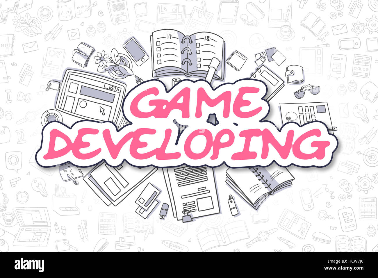 Business Illustration of Game Developing. Doodle Magenta Word Hand ...