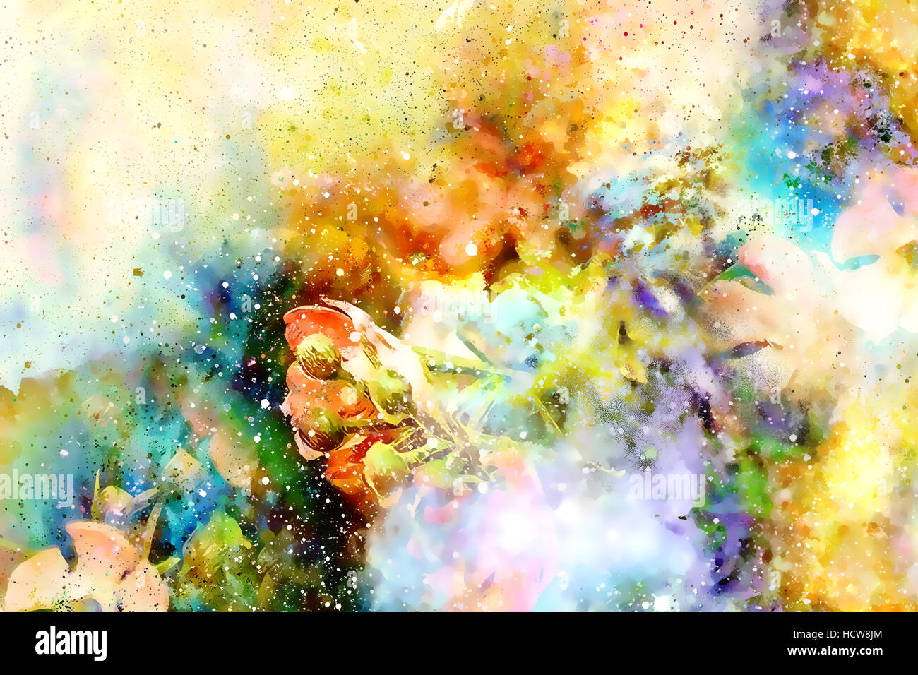 Cosmic space with flowers, color galaxy background, computer collage ...