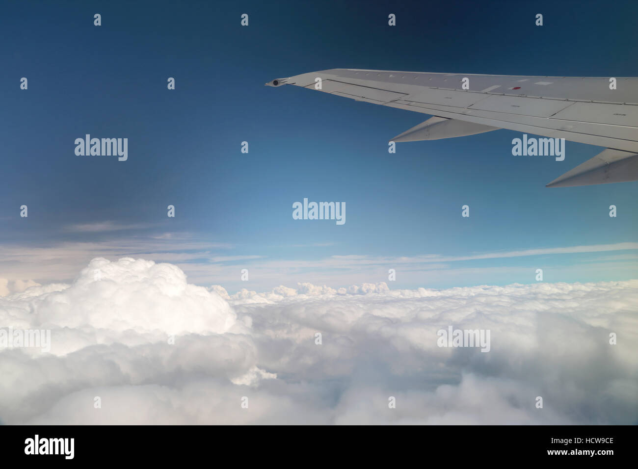 View from window of a jet plane wing with beautiful weather Stock Photo ...
