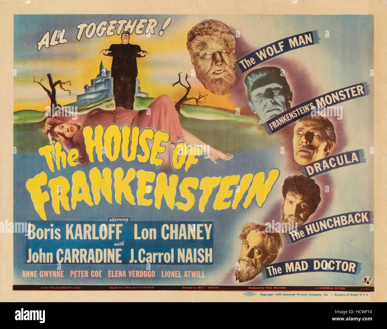 HOUSE OF FRANKENSTEIN, Lon Chaney Jr., John Carradine, J. Carrol Naish ...