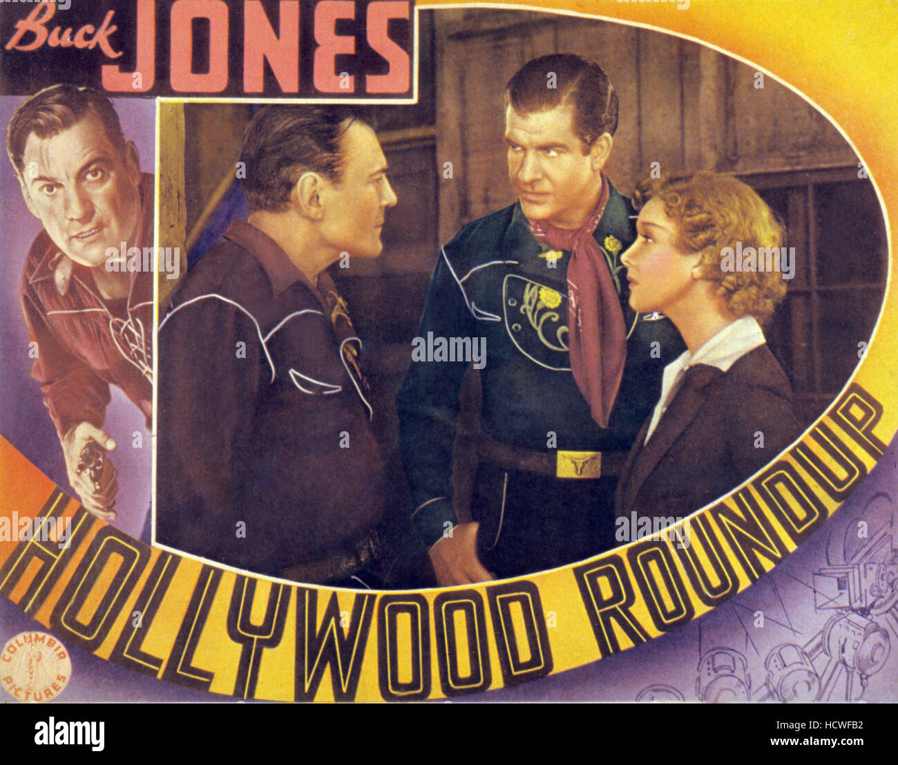 HOLLYWOOD ROUNDUP, lobbycard l-r: Buck Jones, Grant Withers, Helen ...