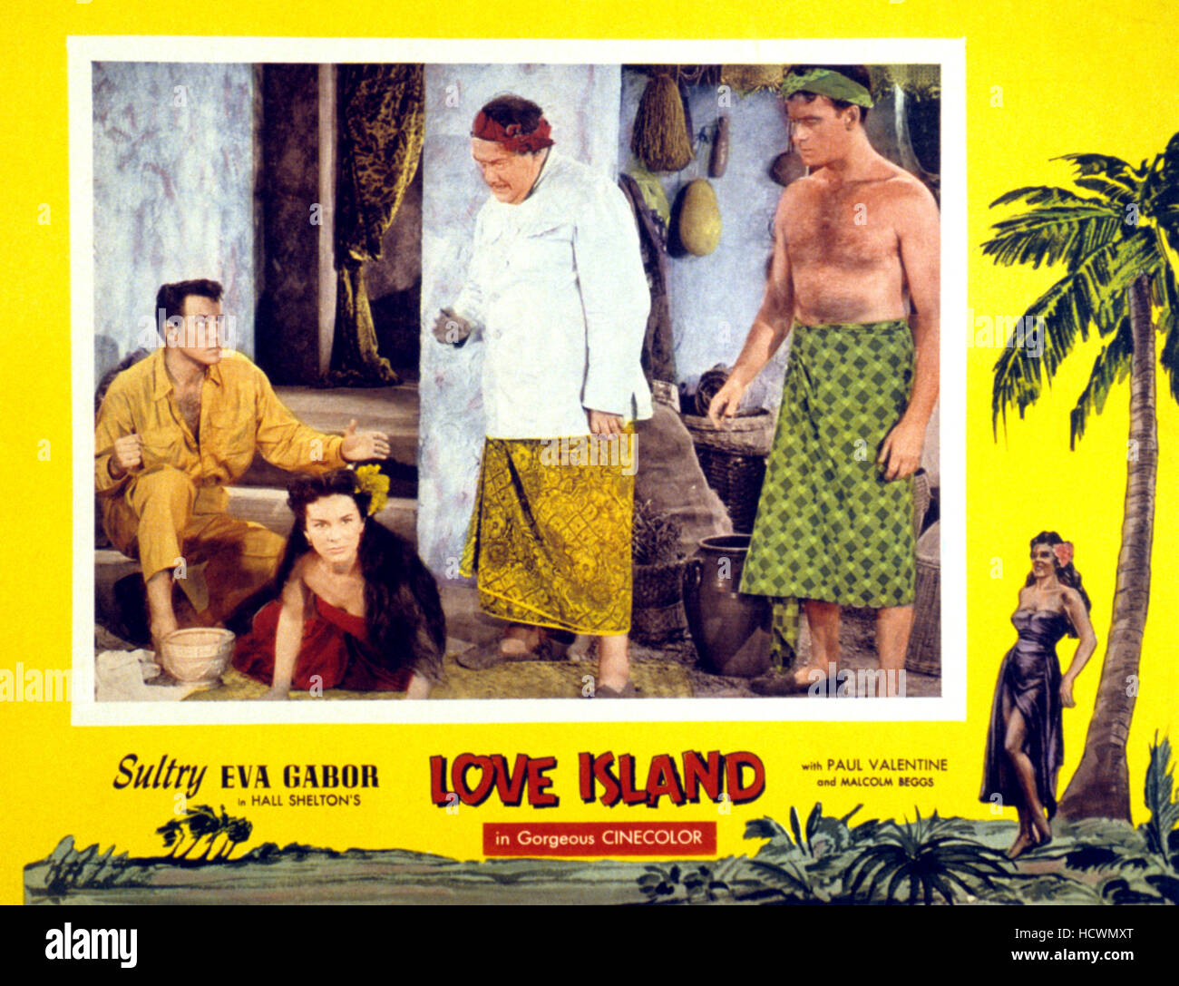 LOVE ISLAND, l-r: Paul Valentine, Eva Gabor on lobbycard, 1952 Stock ...