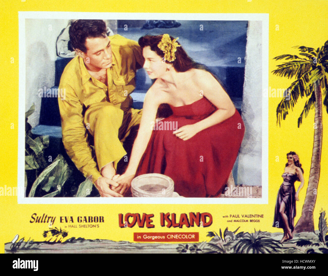 LOVE ISLAND, l-r: Paul Valentine, Eva Gabor on lobbycard, 1952 Stock ...