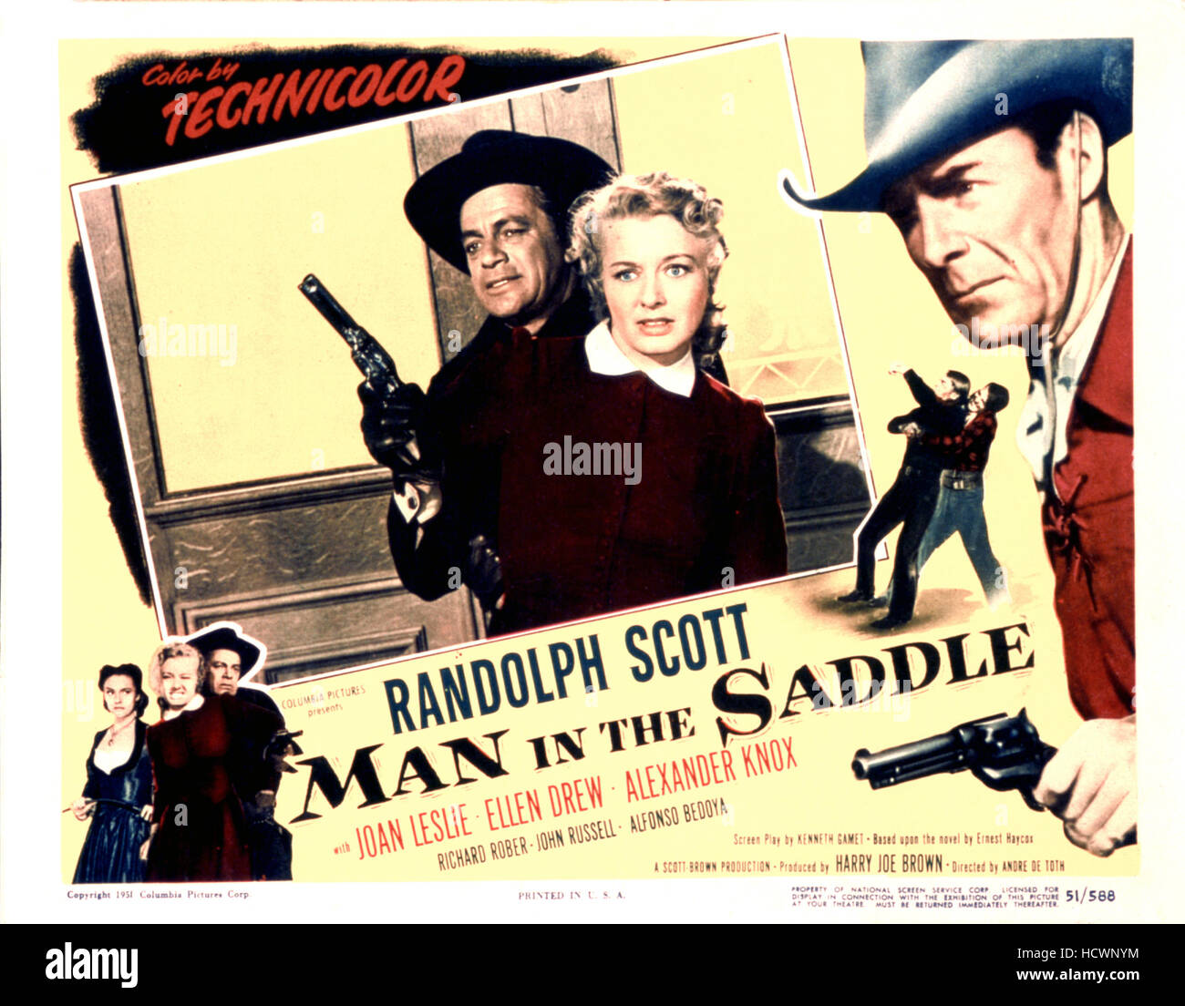 MAN IN THE SADDLE, Richard Rober, Ellen Drew, Randolph Scott, lobby ...