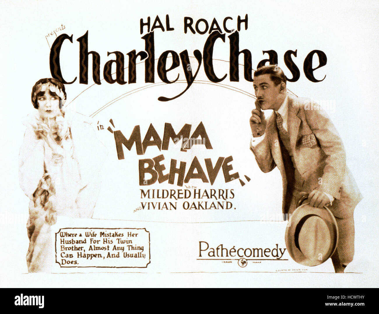 MAMA BEHAVE, from left: Mildred Harris, Charley Chase, 1926 Stock Photo ...