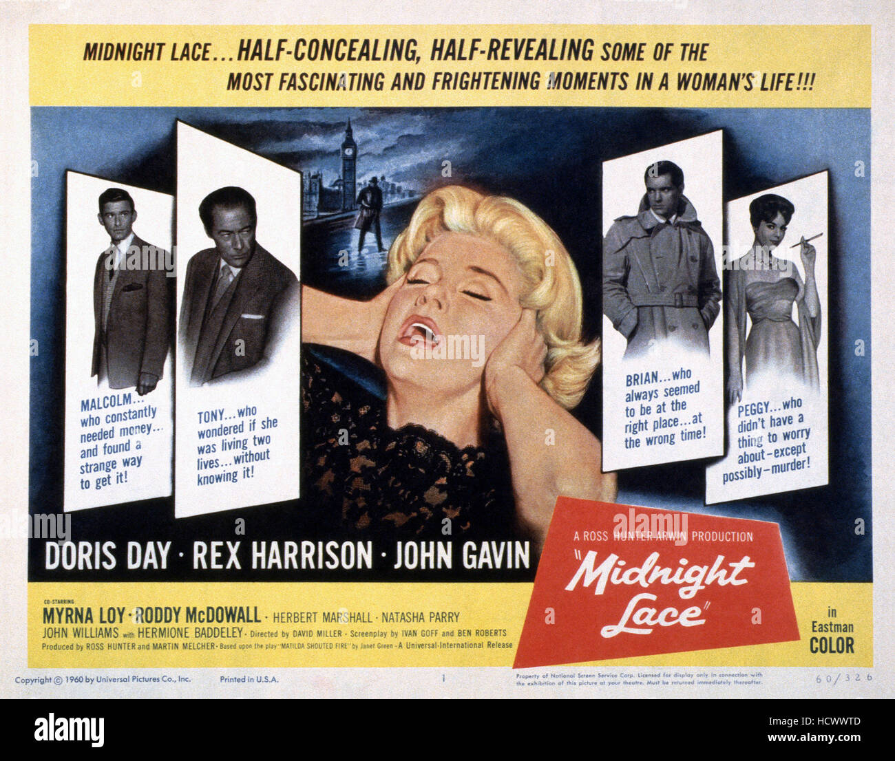 MIDNIGHT LACE, US lobbycard, from left, Roddy McDowall, Rex Harrison ...