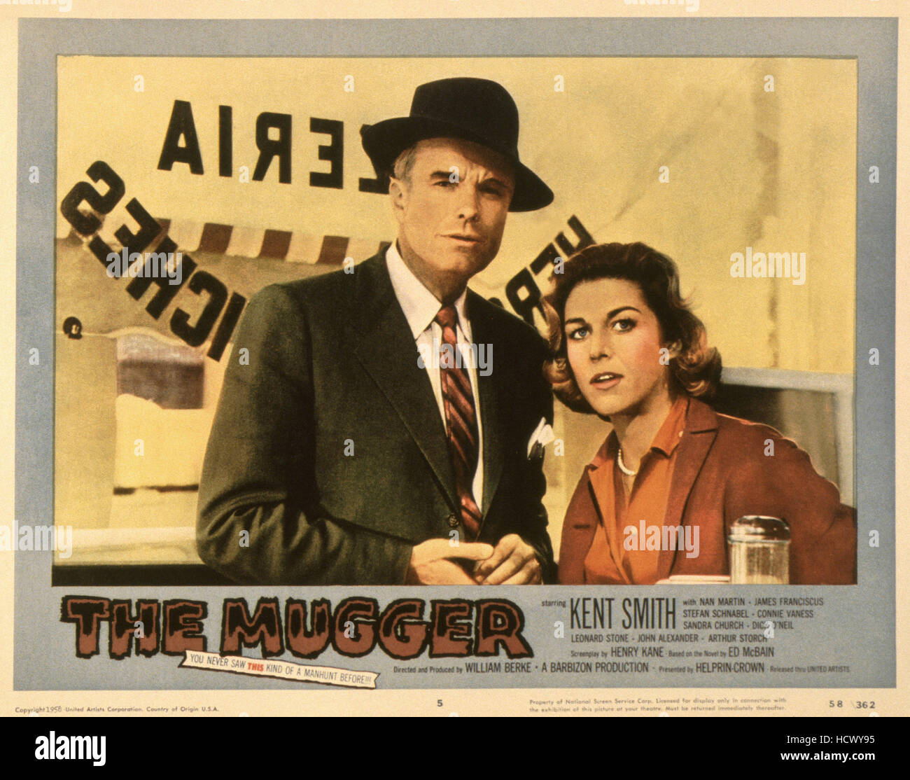 THE MUGGER, US lobbycard, from left: Kent Smith, Nan Martin, 1958 Stock ...
