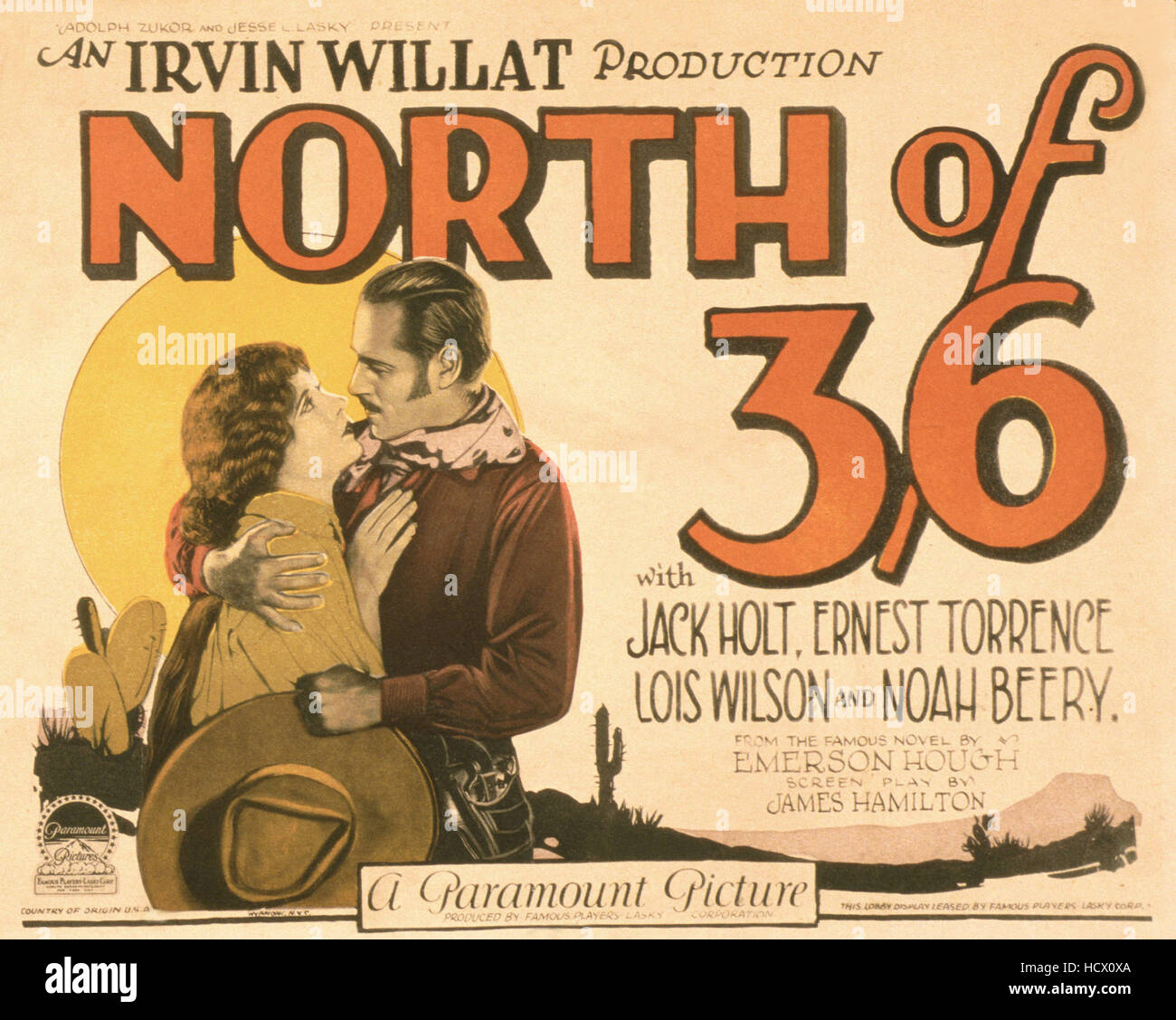 NORTH OF 36, US poster, from left: Lois Wilson, Jack Holt, 1924 Stock ...
