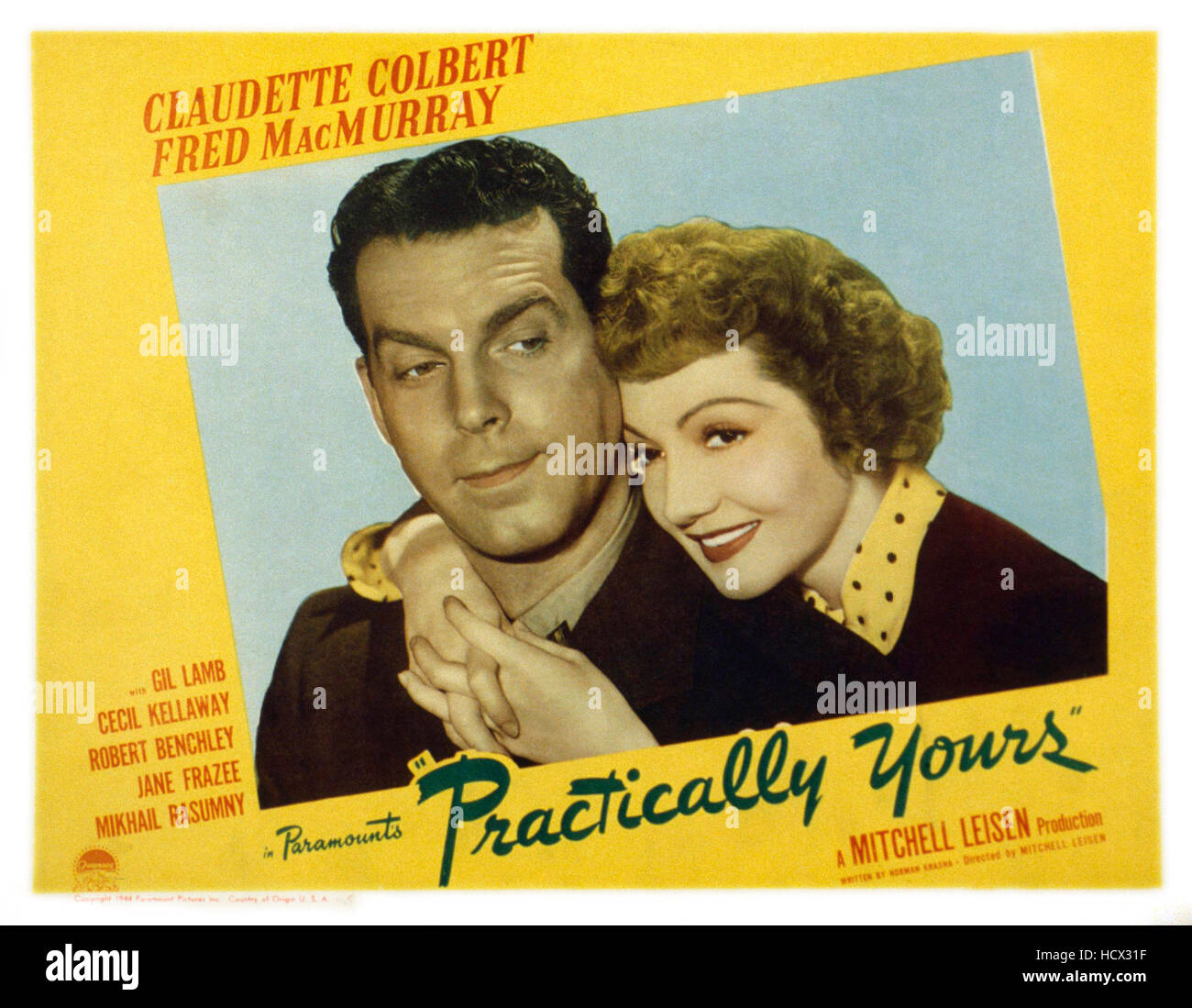 PRACTICALLY YOURS, US lobbycard, from left: Fred MacMurray, Claudette ...