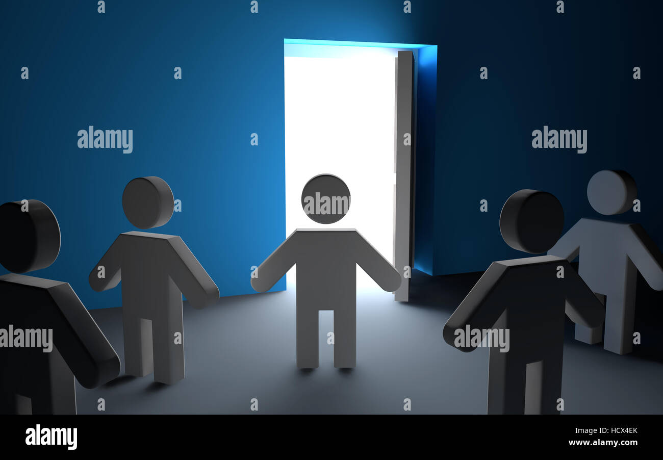 3d men looking at open door Stock Photo - Alamy