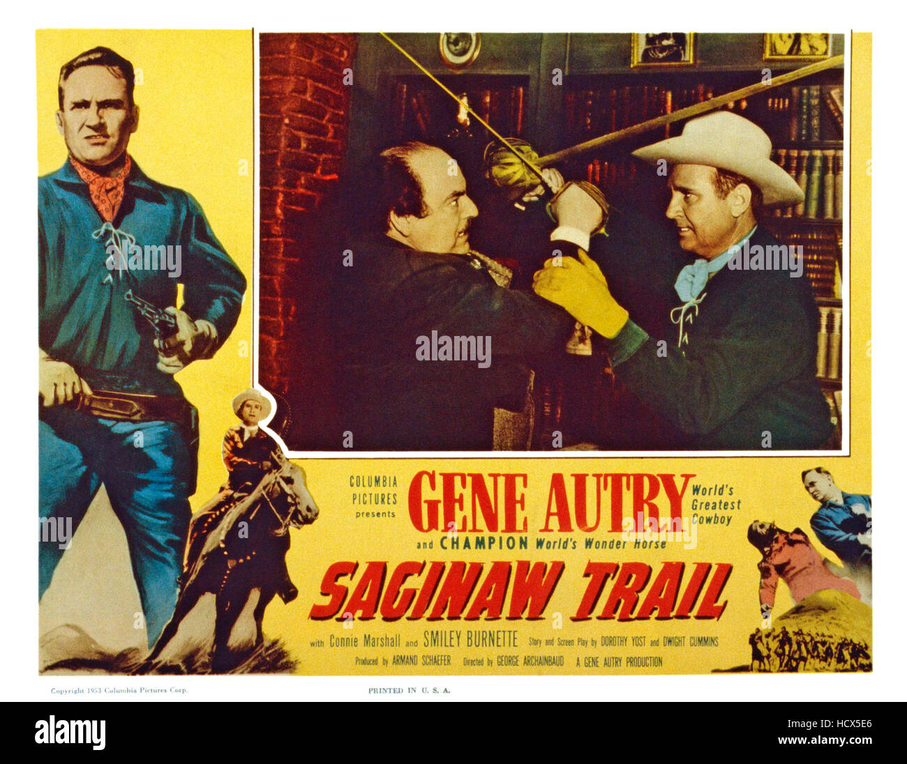 SAGINAW TRAIL, US lobbycard, Gene Autry (left), center from left ... SAGINAW TRAIL, US lobbycard, Gene Autry (left), center from left ...