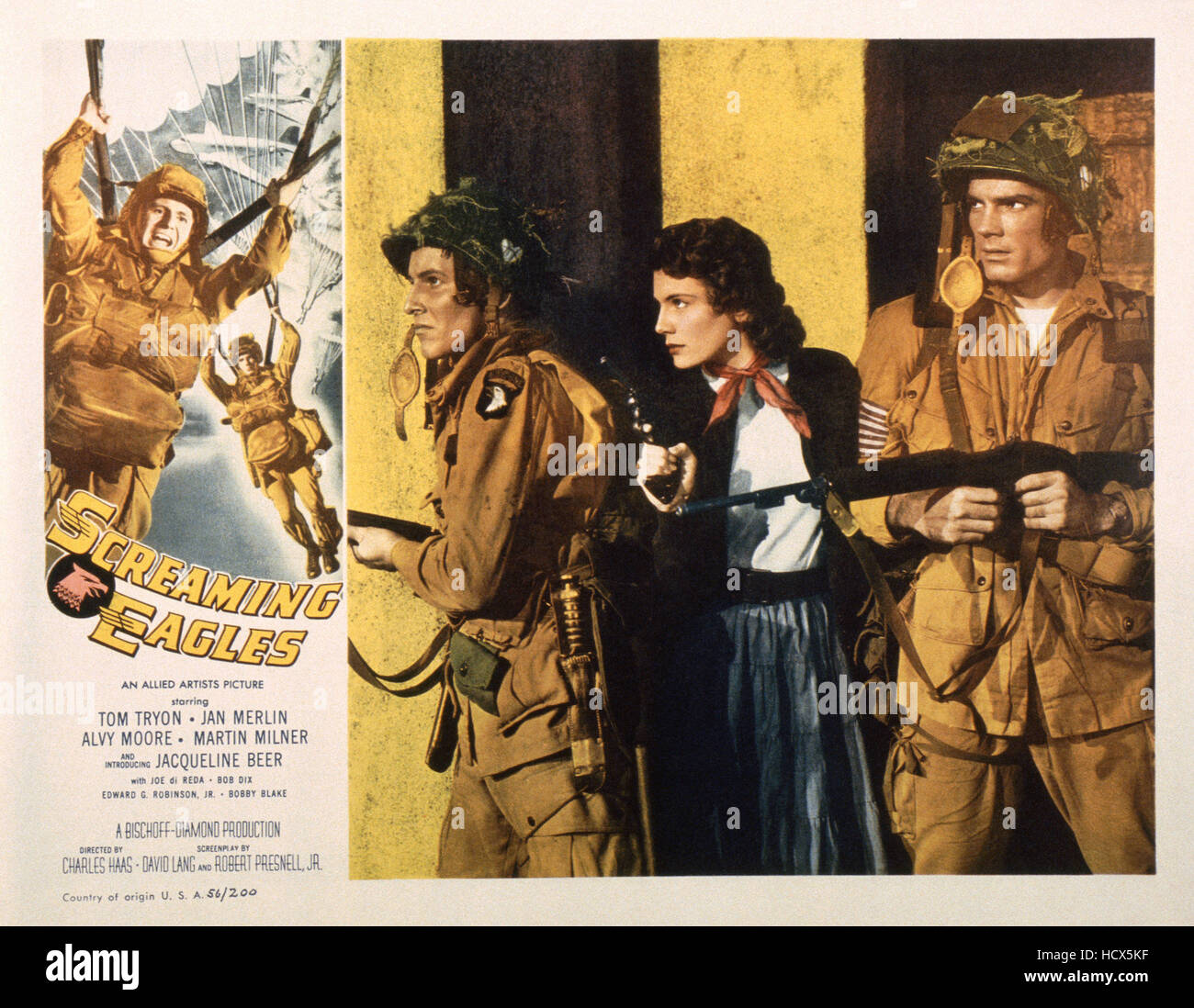 SCREAMING EAGLES, US lobbycard, from left: Jan Merlin, Jacqueline Beer, Tom Tryon, 1956 Stock ...