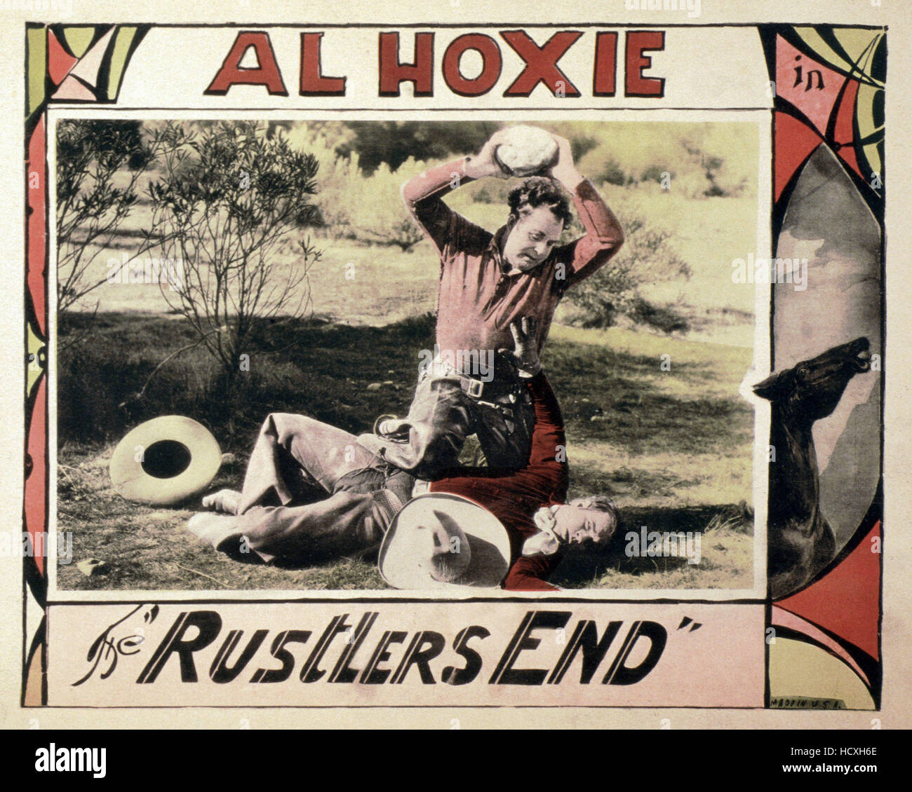 THE RUSTLER'S END, US lobbycard, Al Hoxie (on ground), 1928 Stock Photo ...