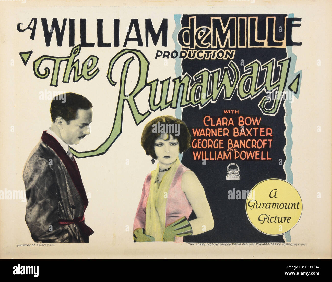 THE RUNAWAY, US poster, from left: William Powell, Clara Bow, 1926 ...