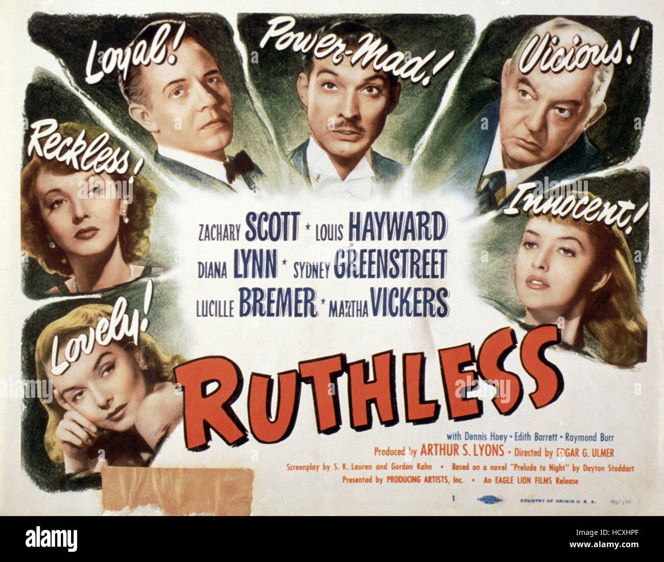 RUTHLESS, US poster, clockwise from bottom left: Diana Lynn, Martha Vickers, Louis Hayward ...