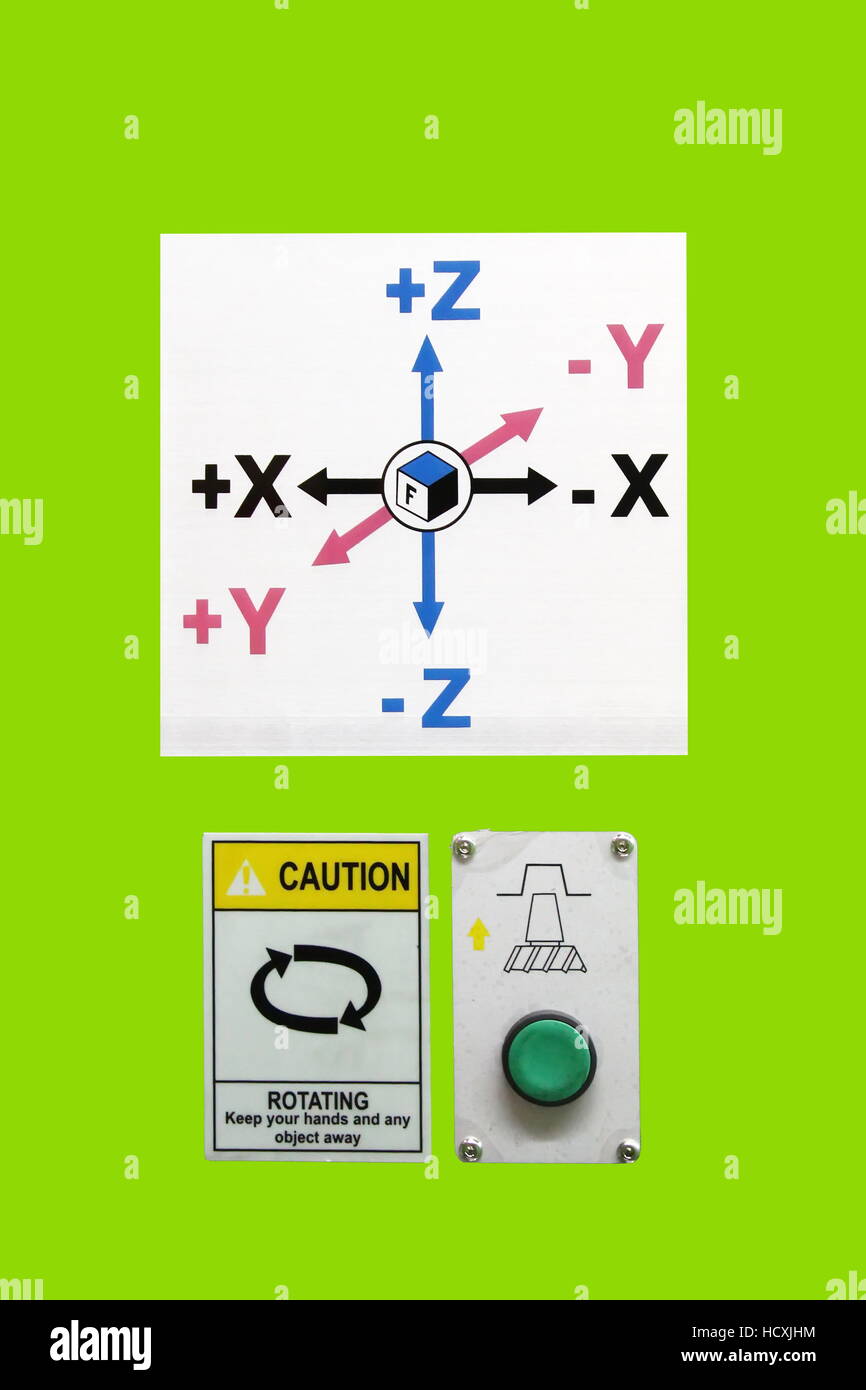 X Y Z axis arrows Board on Industrial Machine with Start Button Stock ...