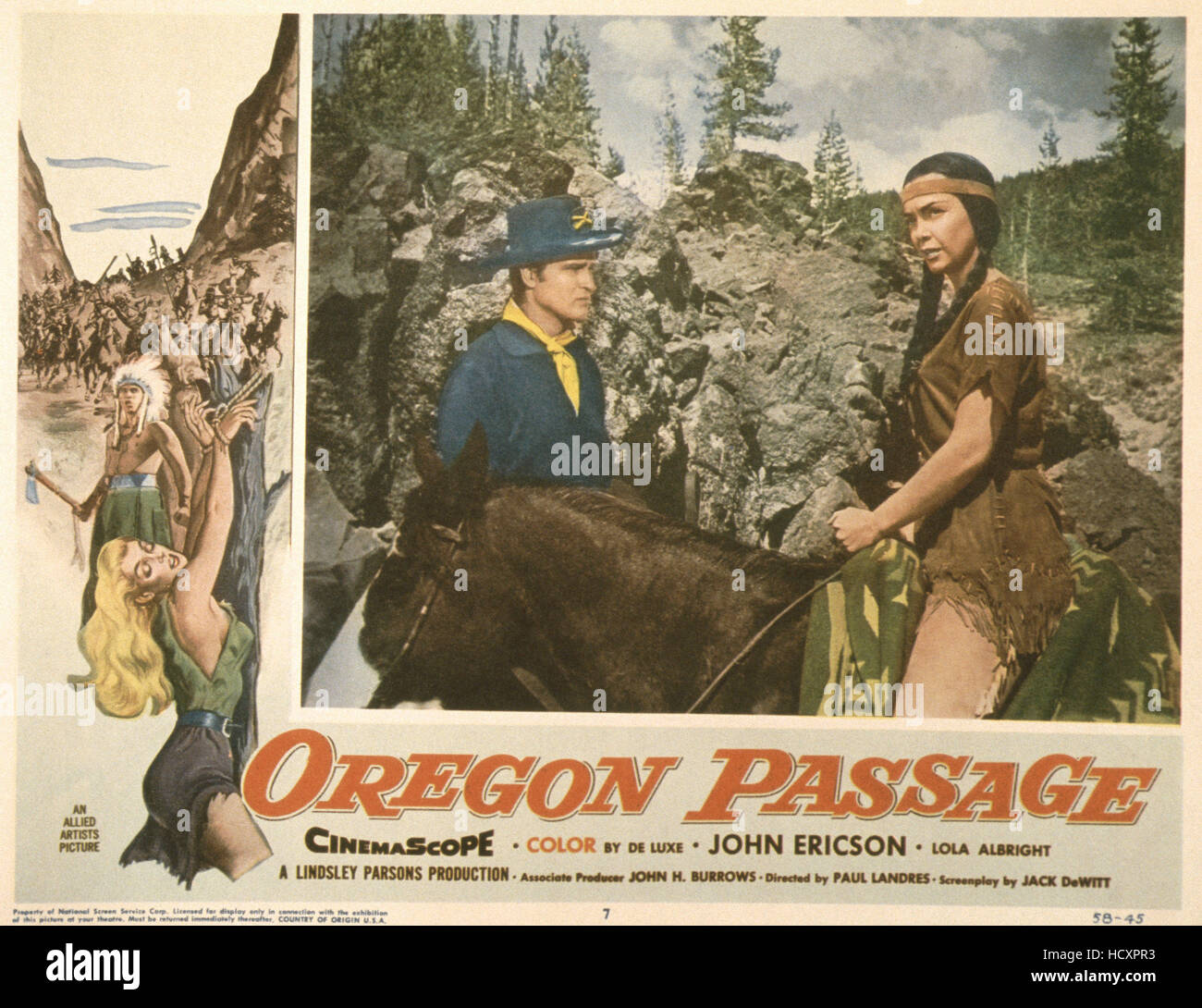 OREGON PASSAGE, US lobbycard, from left: John Ericson, Toni Gerry, 1957 ...
