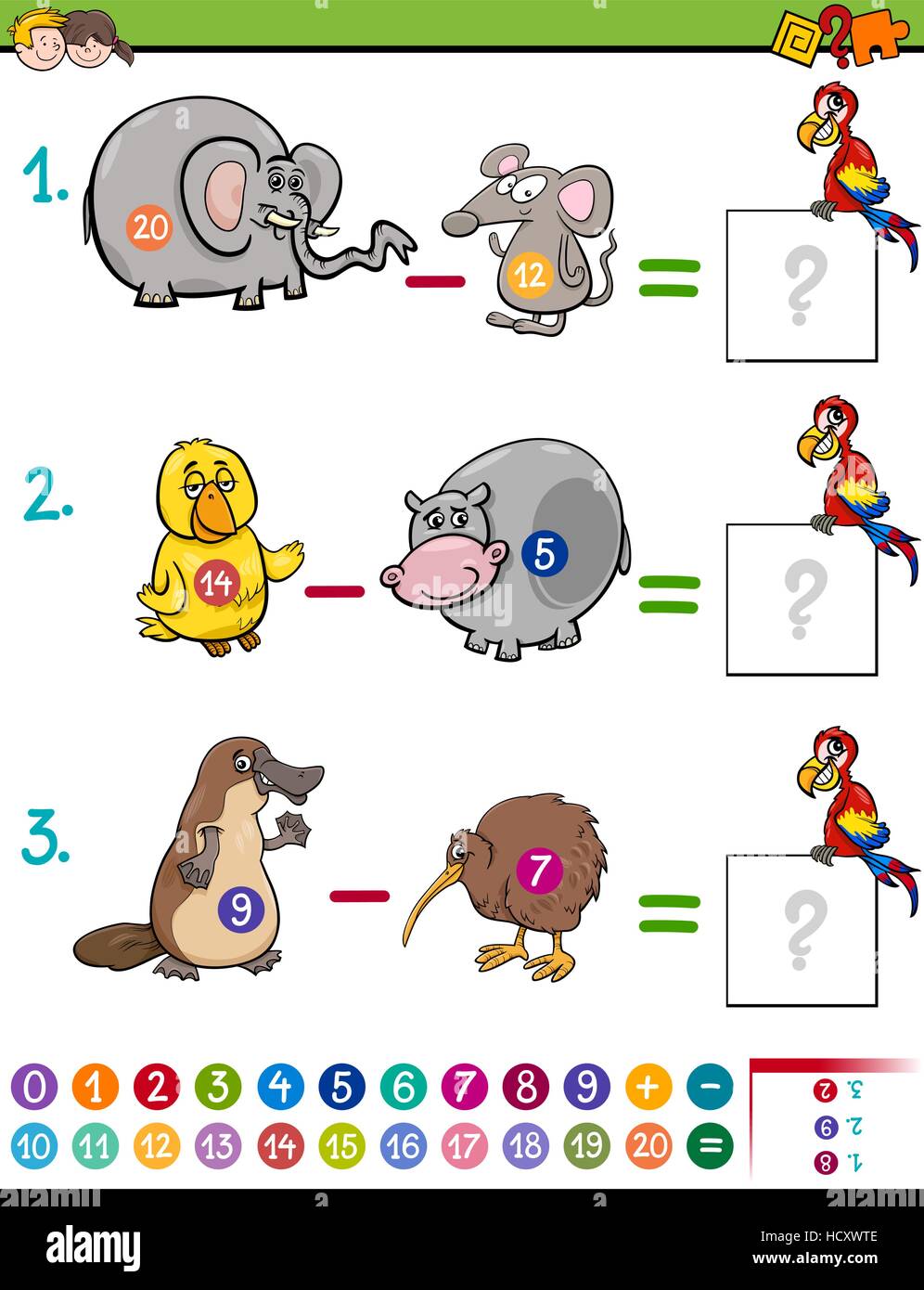 Cartoon Illustration of Educational Mathematical Subtraction Activity ...