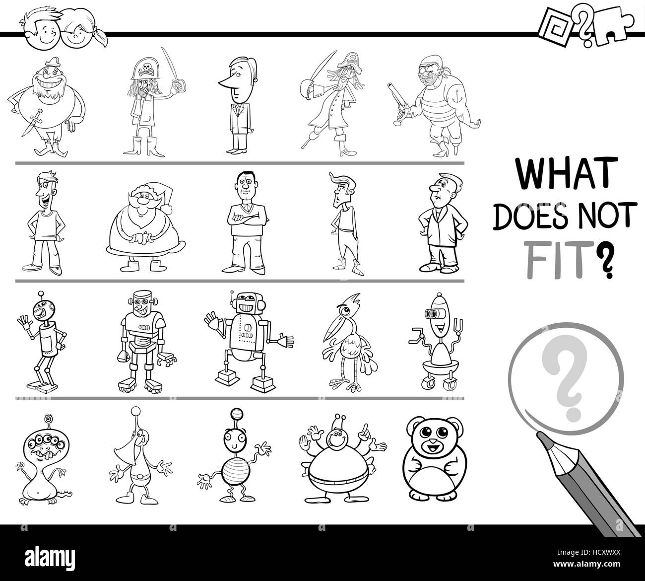 Black and White Cartoon Illustration of Finding Improper Picture in the ...