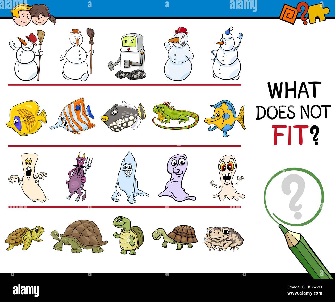 Cartoon Illustration of Finding Improper Image in the Row Educational ...