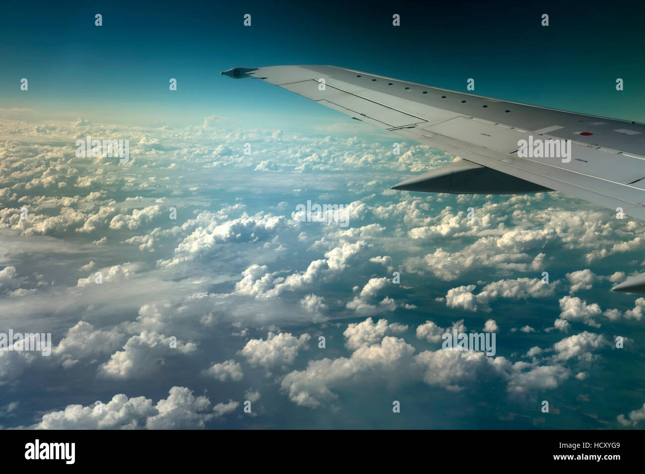 View from window of a jet plane wing with beautiful weather Stock Photo ...