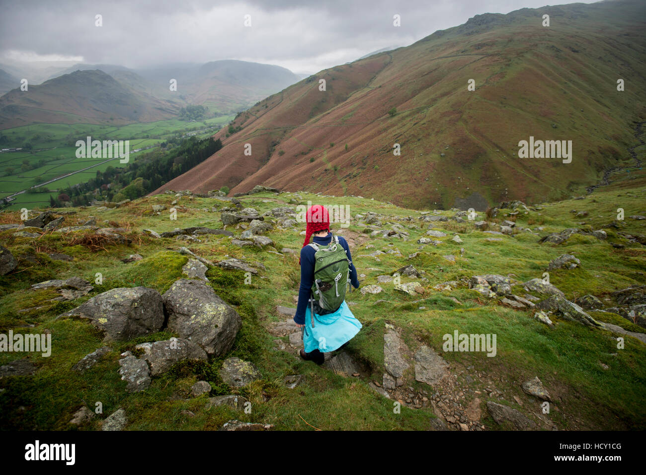 Walking towards Grasmere from Alcock Tarn, Lake District National Park ...