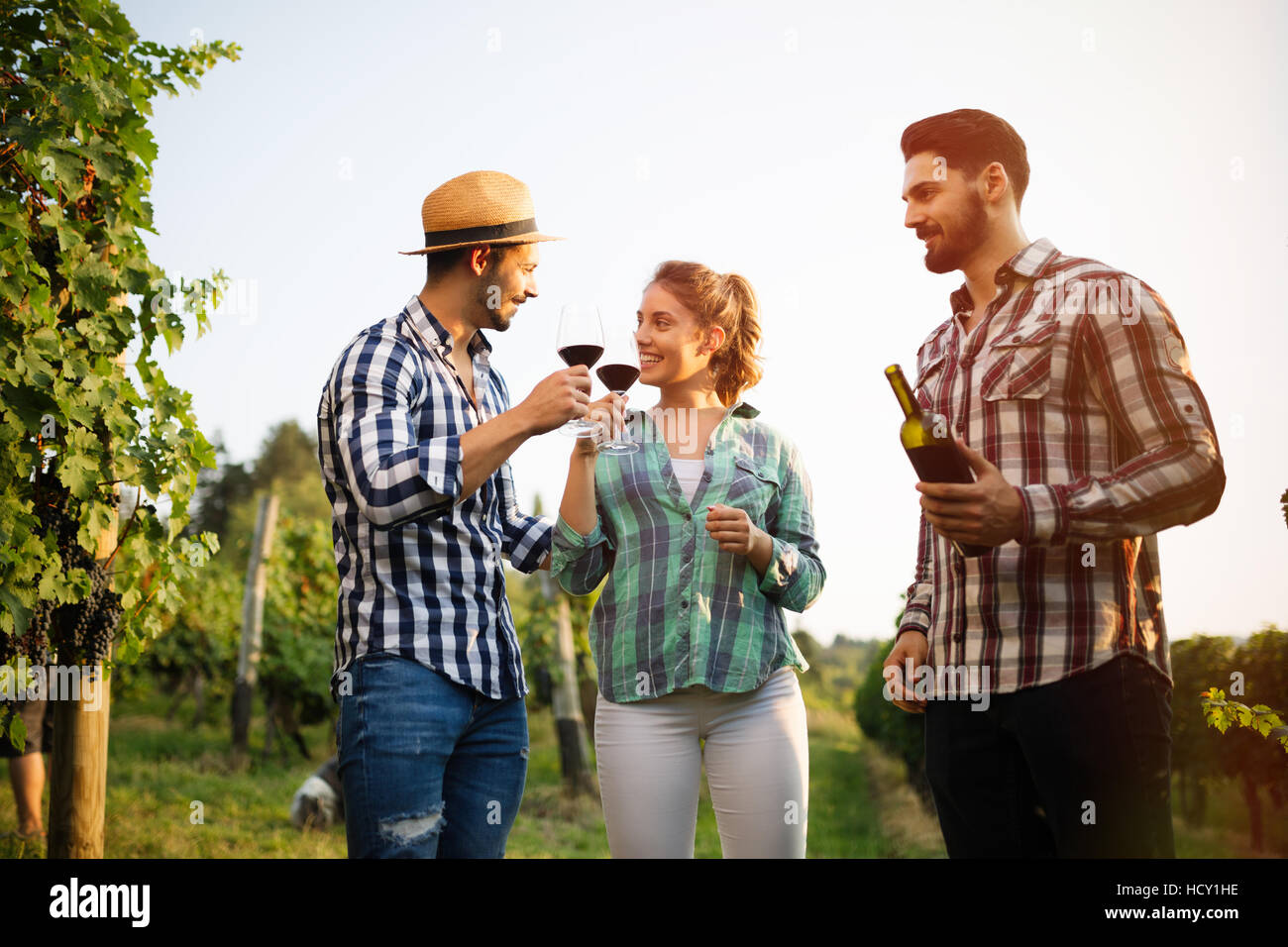 Happy wine growers tasting wine in vineyard Stock Photo - Alamy