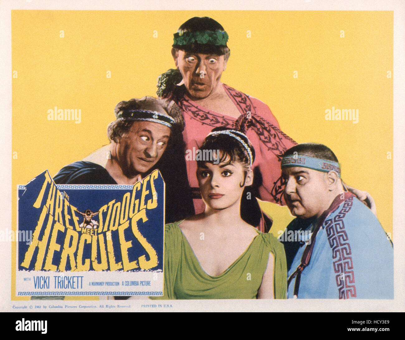 THE THREE STOOGES MEET HERCULES, US lobbycard, from left: Larry Fine ...