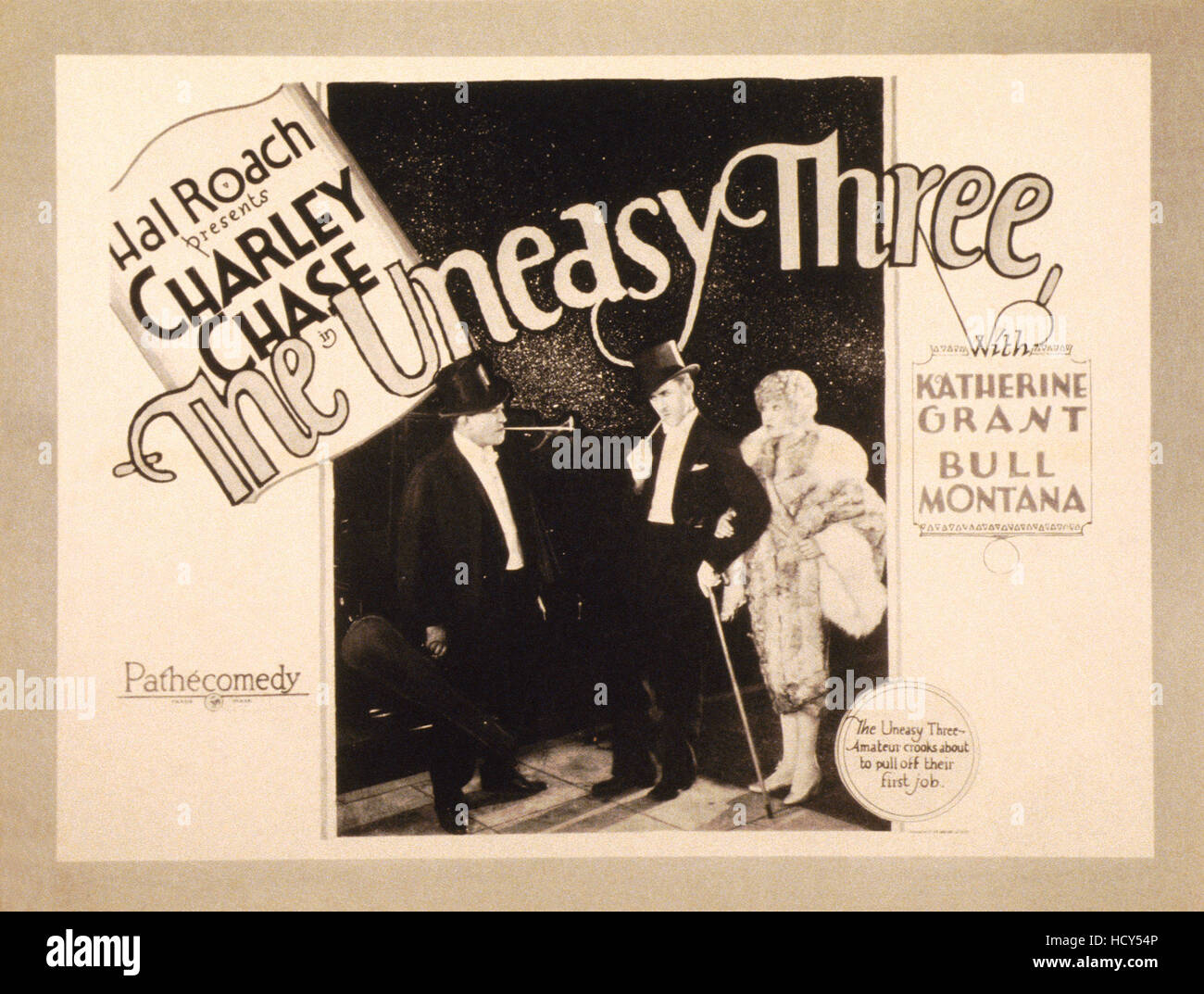 THE UNEASY THREE, US lobbycard, from left: Bull Montana, Charley Chase, Katherine Grant, 1925 ...