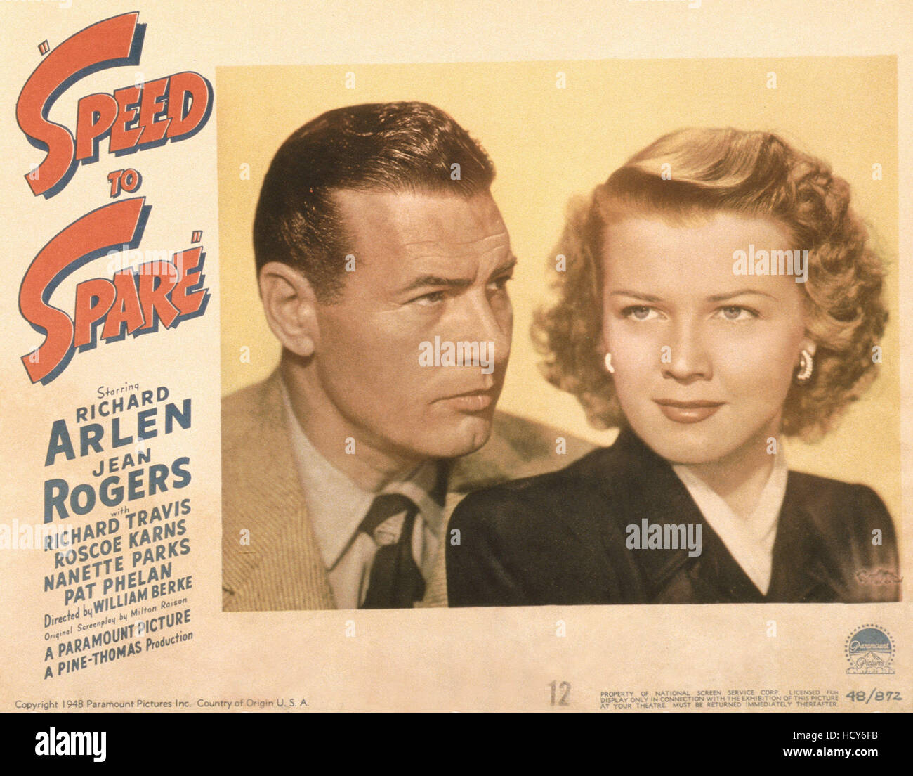 SPEED TO SPARE, US lobbycard, from left: Richard Arlen, Jean Rogers ...