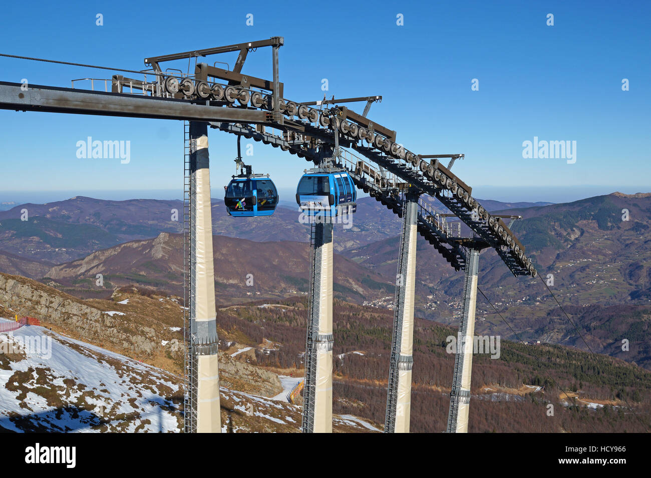 Dolomites , Italy - December 23, 2015: Nebelhorn cable car moving up ...