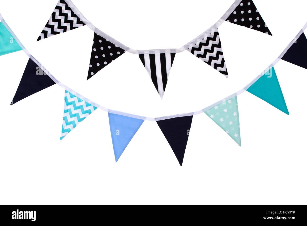 Party triangle bunting flags hanging on the rope. Isolated on white ...