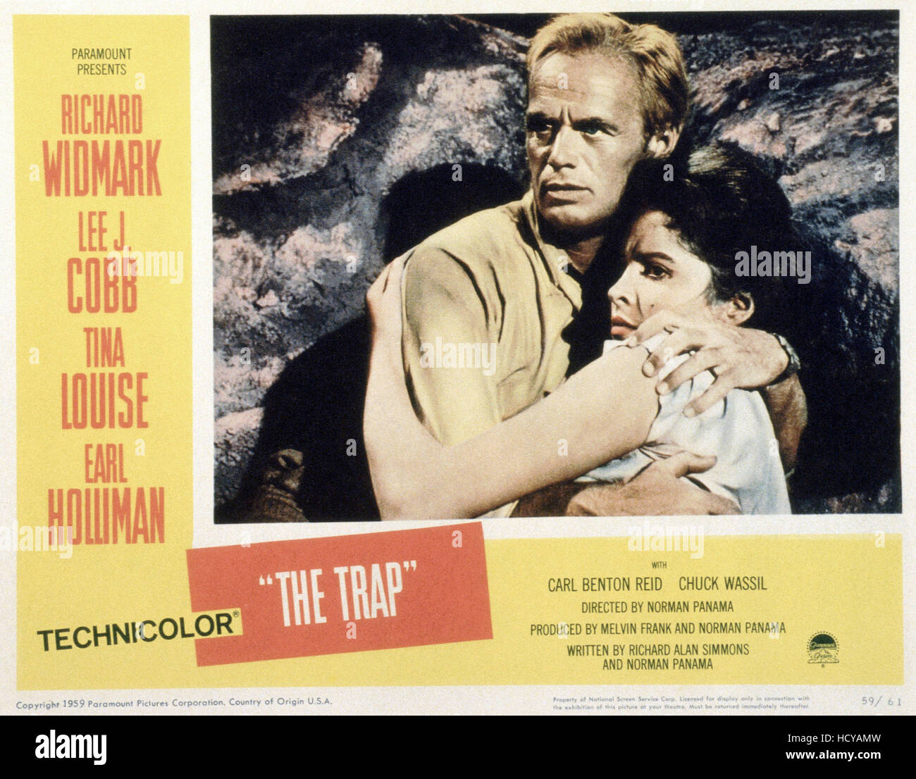 THE TRAP, US lobbycard, from left: Richard Widmark, Tina Louise, 1959 ...