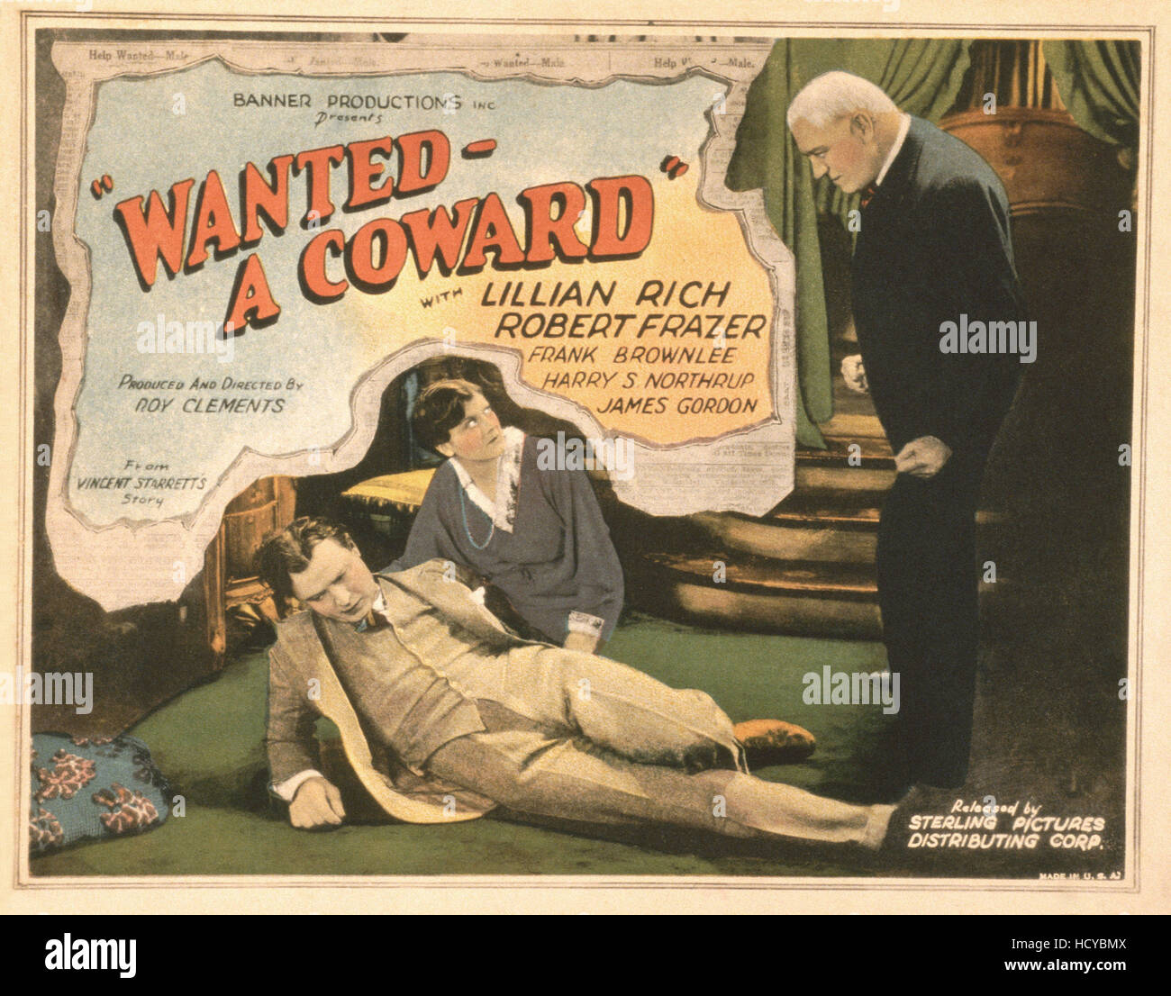 WANTED: A COWARD, US poster, from left: Robert Frazer, Lillian Rich, Frank Brownlee, 1927 Stock ...