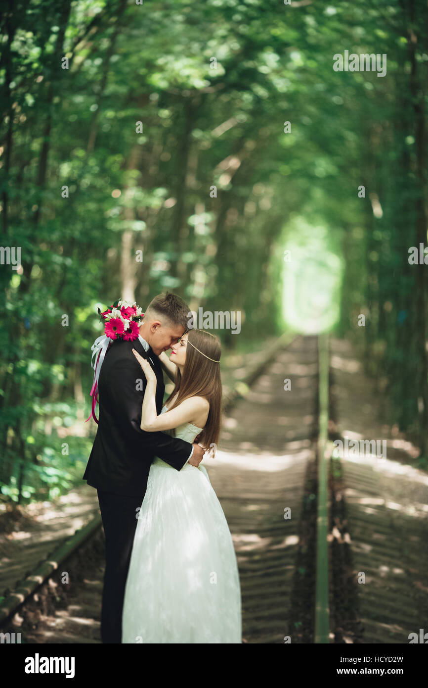 luxury stylish young bride and groom on the background spring sunny ...