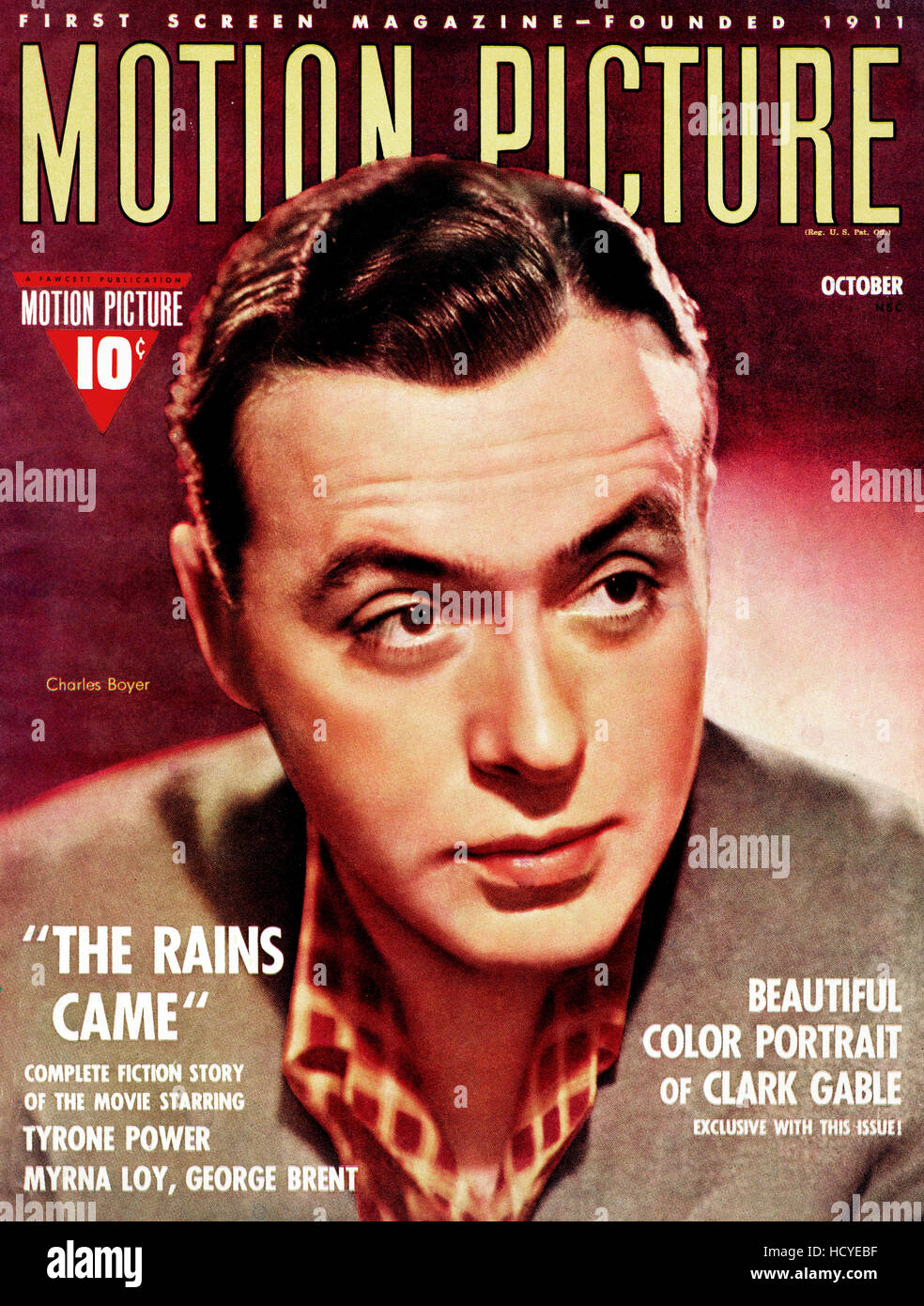 Charles Boyer, Motion Picture magazine cover, October 1939 Stock Photo ...
