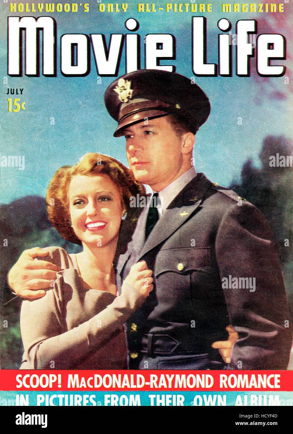 Spouses Jeanette MacDonald, left, and Air Force Colonel Gene Raymond, Movie Life magazine cover ...