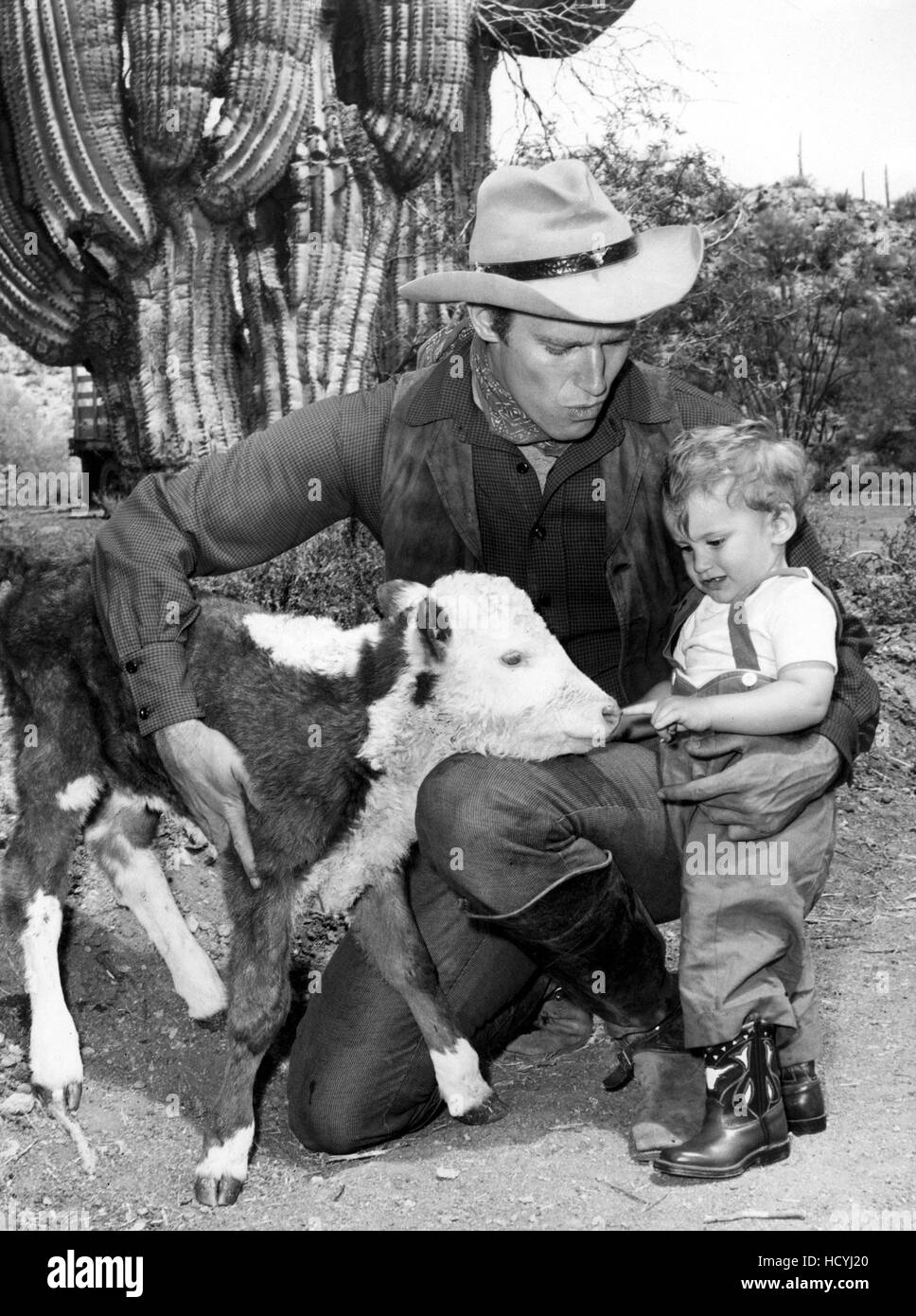 Charlton Heston introducing his son Fraser Heston to a calf on the set ...