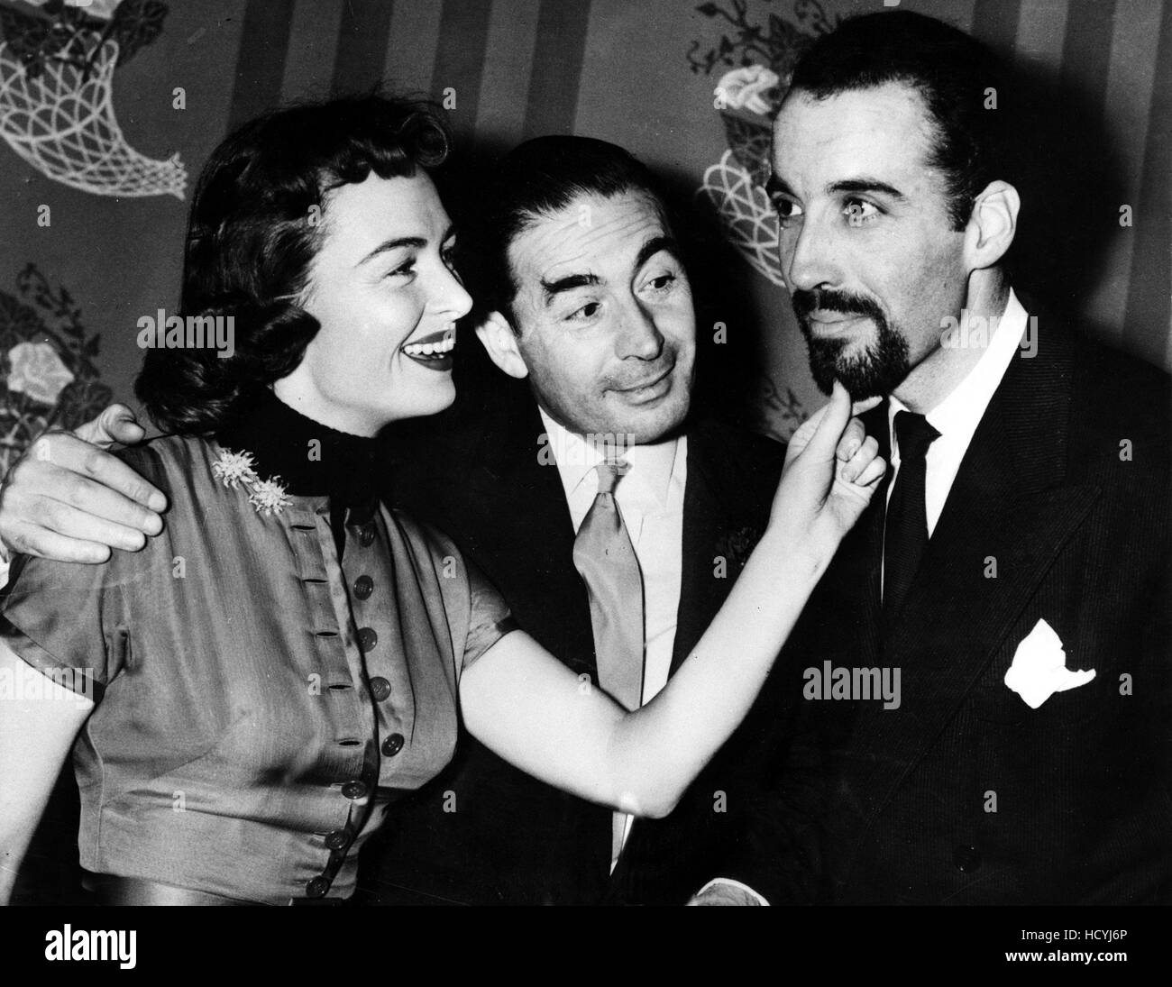 Donna Reed, Leo Genn and Christopher Lee promoting the film BEYOND MOMBOSA, 1956 Stock Photo - Alamy