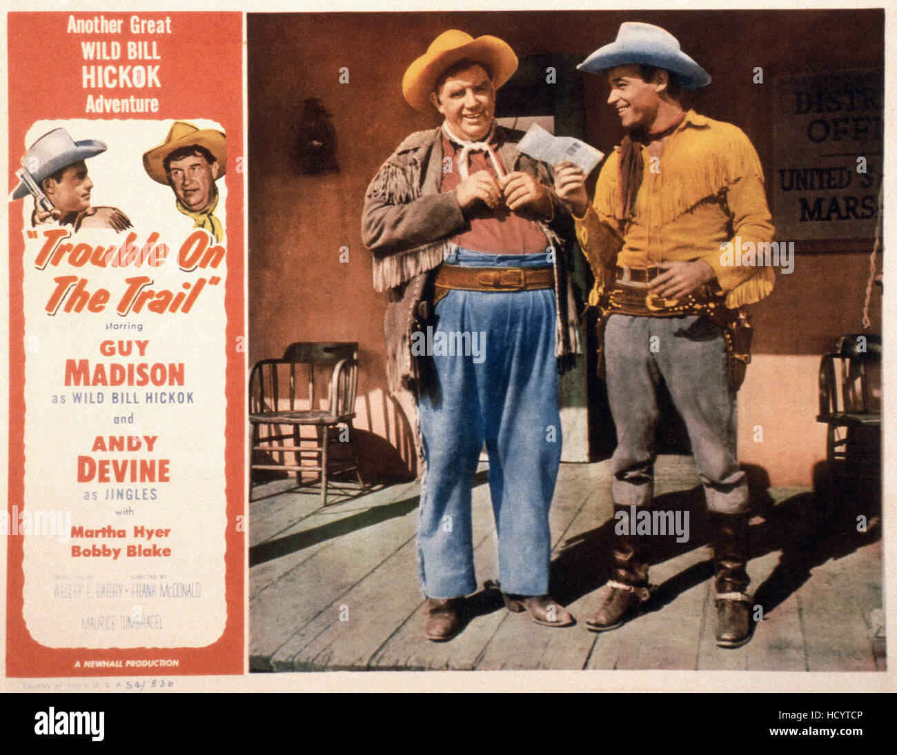 TROUBLE ON THE TRAIL, US lobbycard, from left: Andy Devine, Guy Madison ...