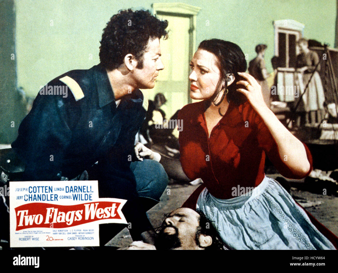 TWO FLAGS WEST, face to face from left: Cornel Wilde, Linda Darnell ...