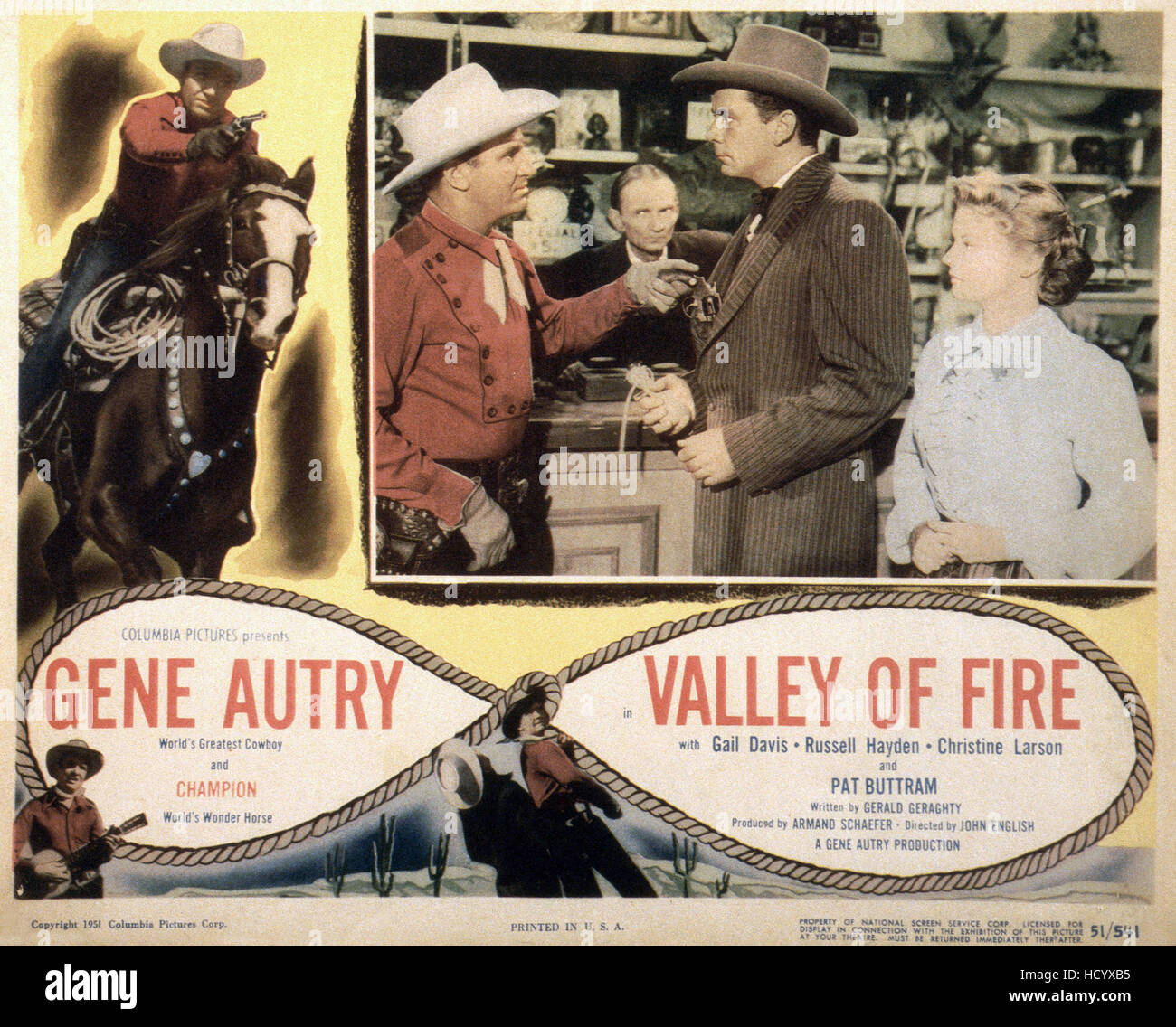 VALLEY OF FIRE, US lobbycard, Gene Autry (horseback), center from left ...