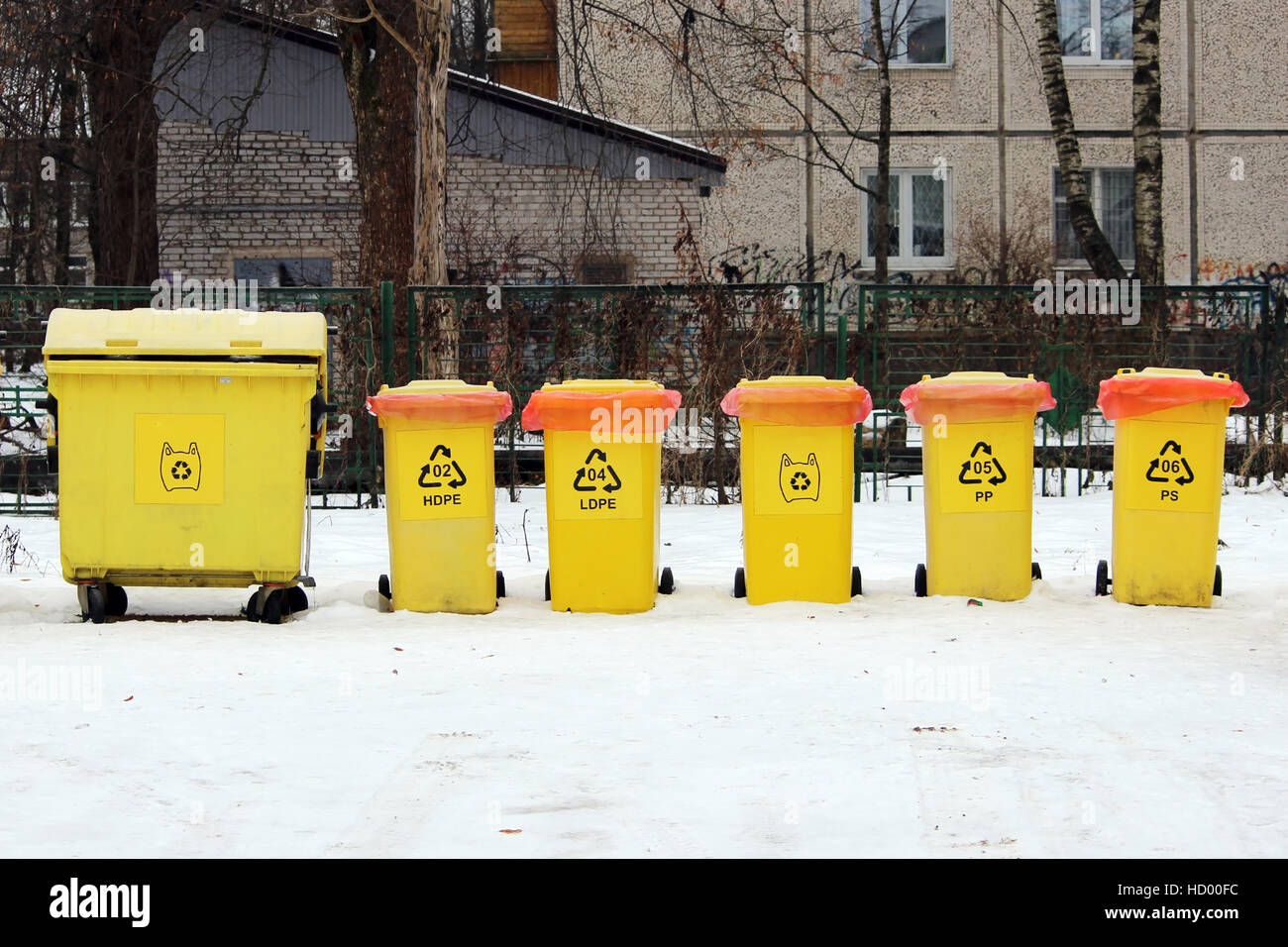 Several yellow Bins For Collection Of Recycle Materials Stock Photo - Alamy