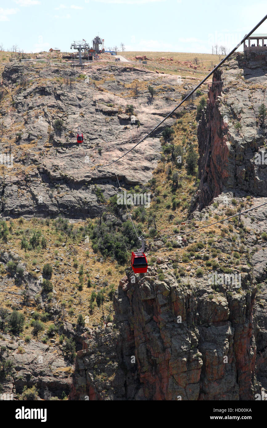 Cable car crossing over the Arkansas River at Royal Gorge Park Canon ...
