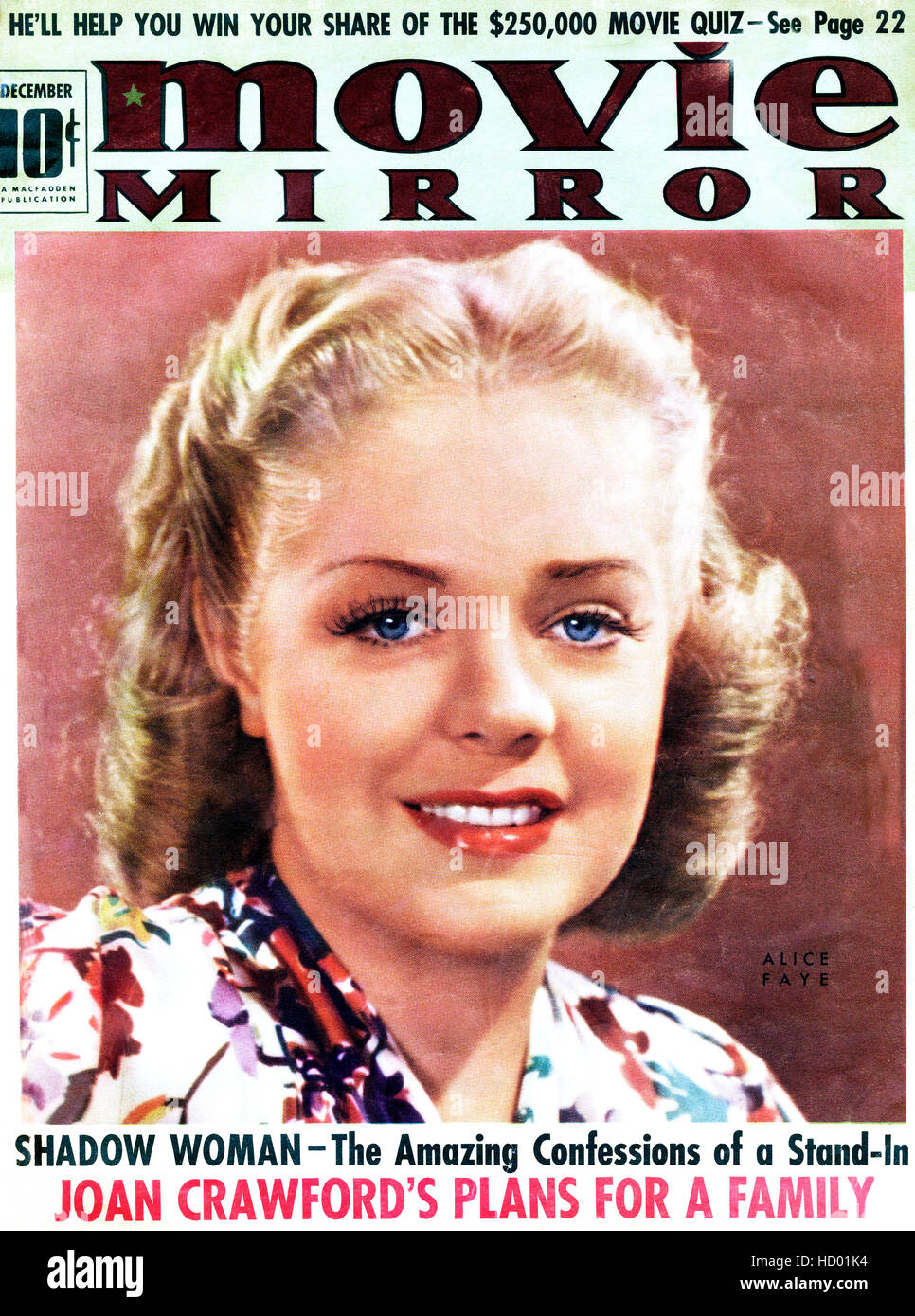 Alice Faye, Movie Mirror magazine cover, December 1938 Stock Photo - Alamy
