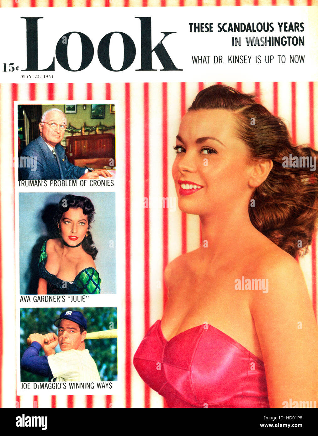 Left, from top, Harry Truman, Ava Gardner, Joe DiMaggio, Look magazine cover, May 22, 1951 Stock ...