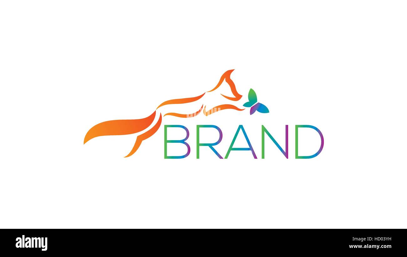 Fox chasing butterfly vector logo design template. Vixen illustration ...